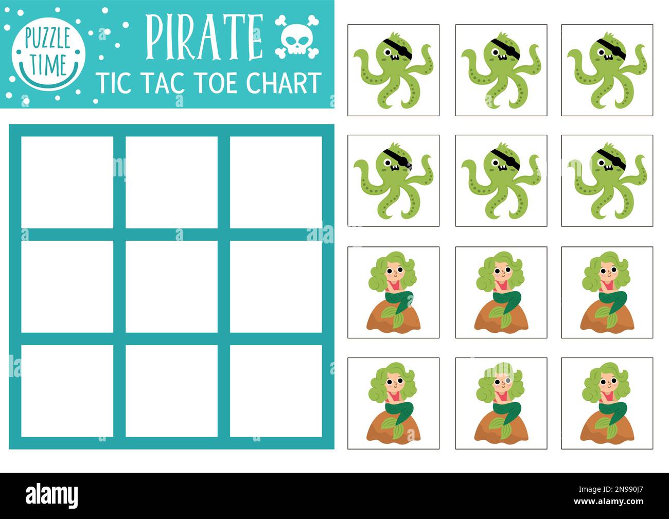 Vector treasure island tic tac toe chart with pirate octopus, mermaid ...