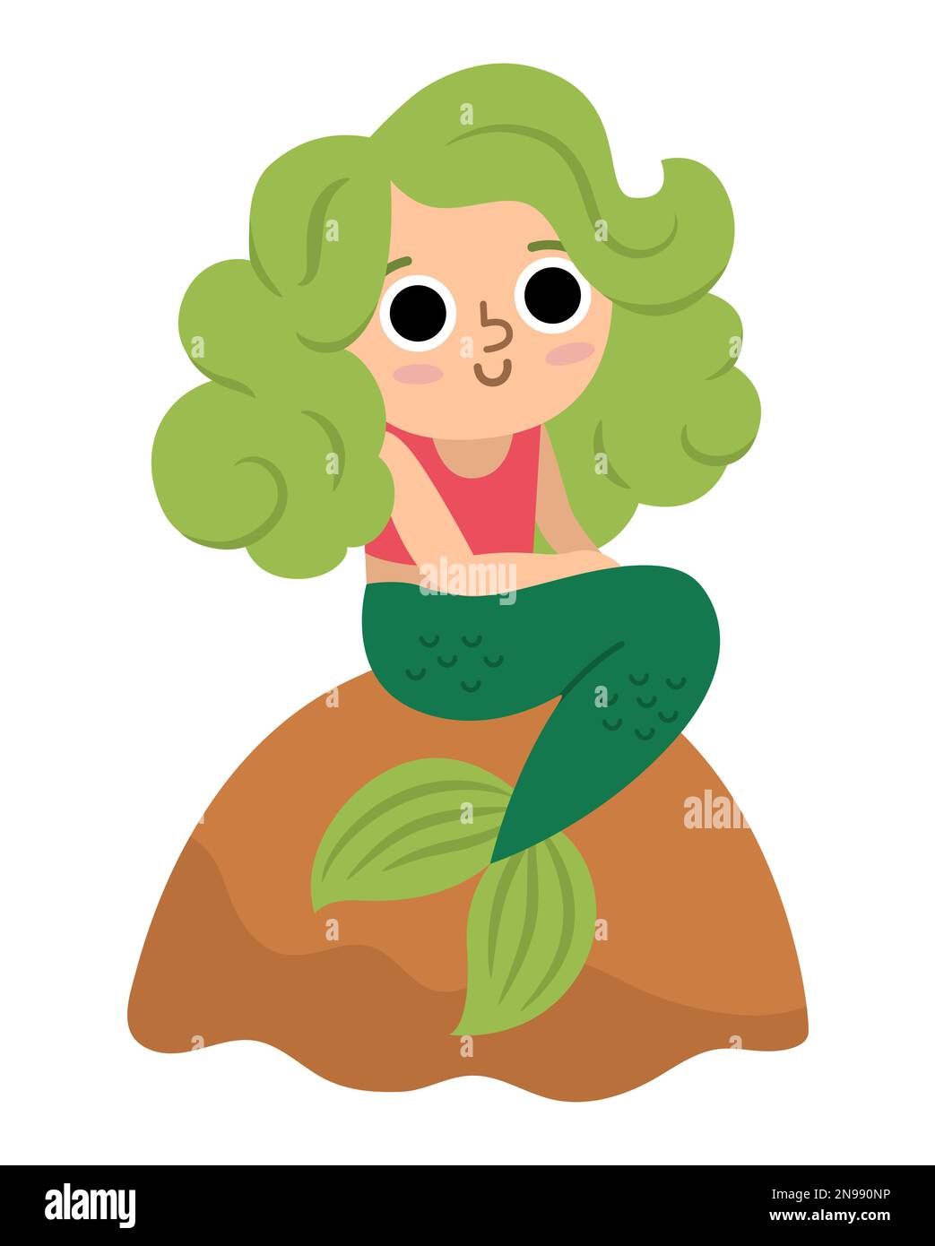 Fairy tale vector mermaid with green hair sitting on a rock. Fantasy ...