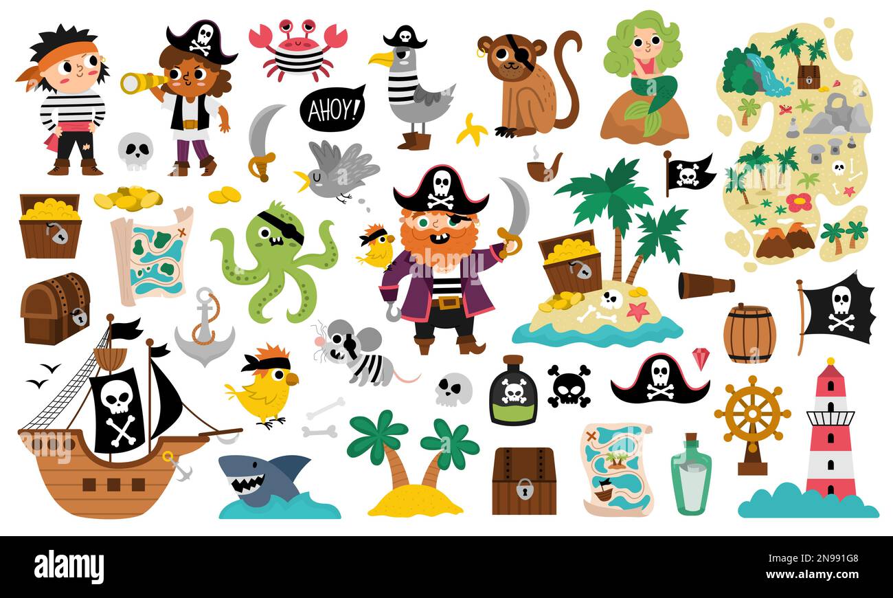 Vector pirate set. Cute sea adventures icons collection. Treasure ...