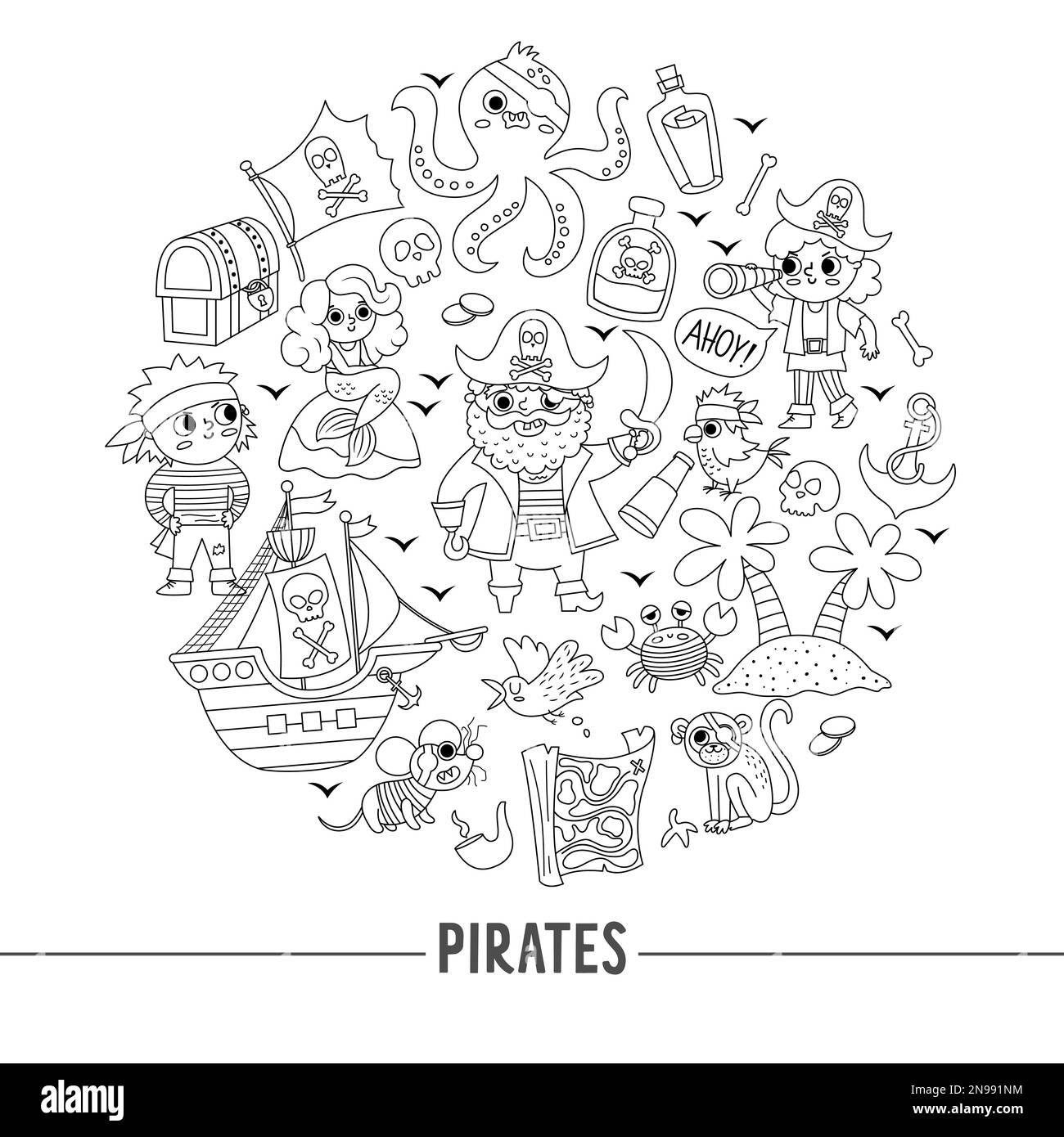 Vector black and white pirate round frame with pirates, ship and ...