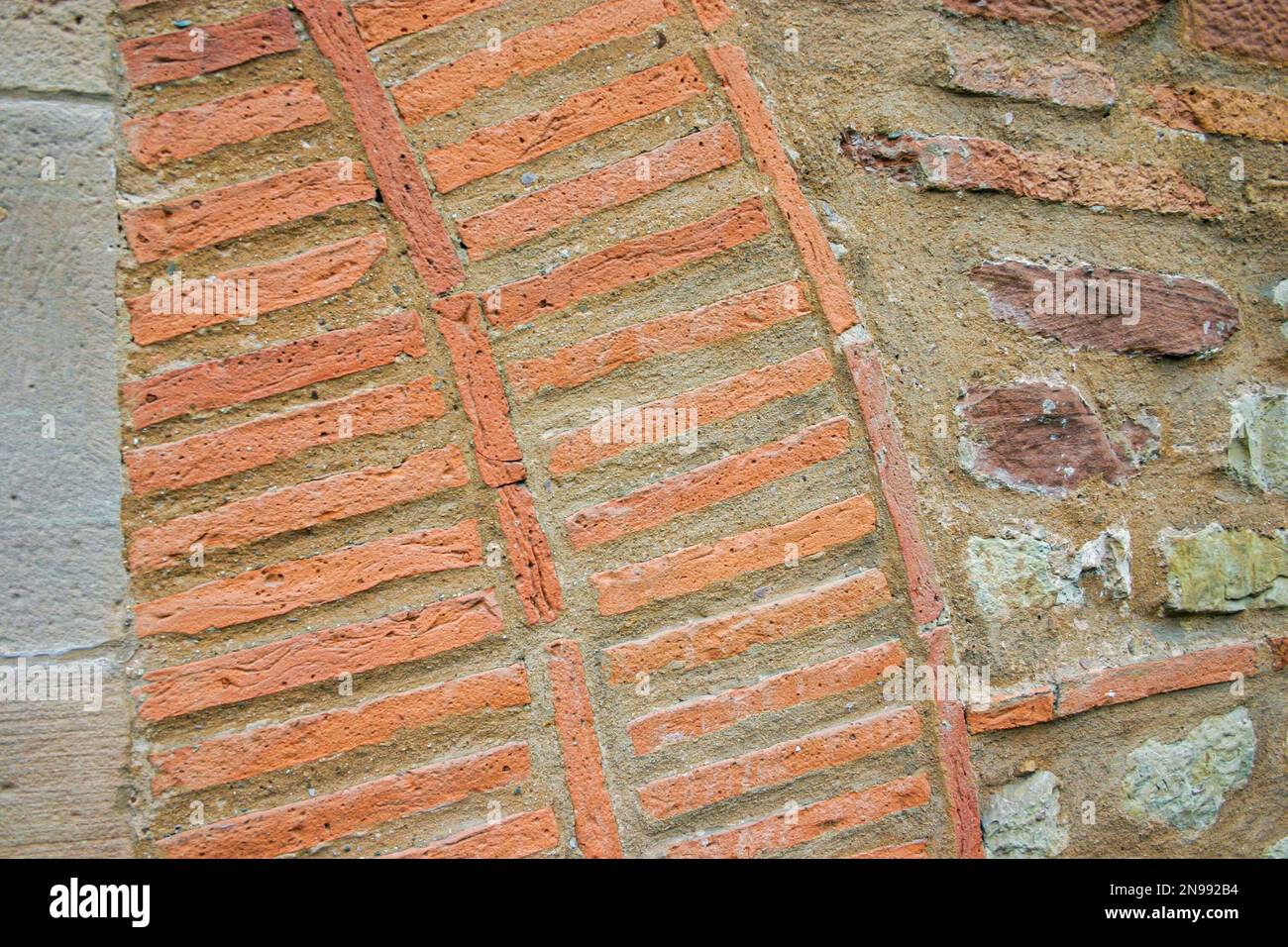 Old brick wall with arch imitation and wide plaster joints Stock Photo ...