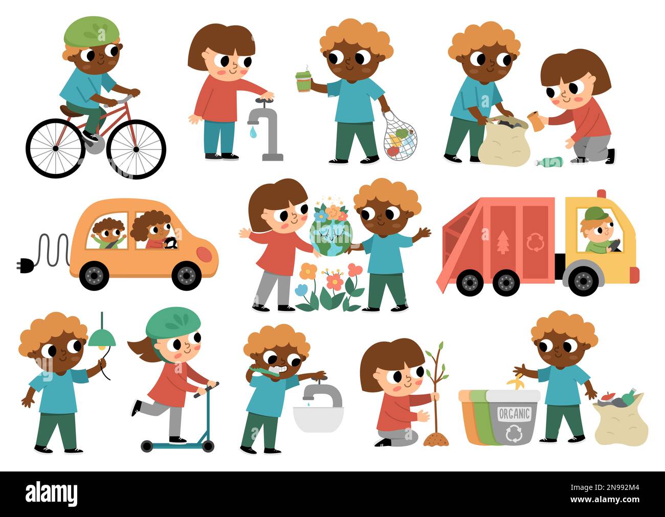 Ecological vector set with children. Cute eco friendly kids collection ...