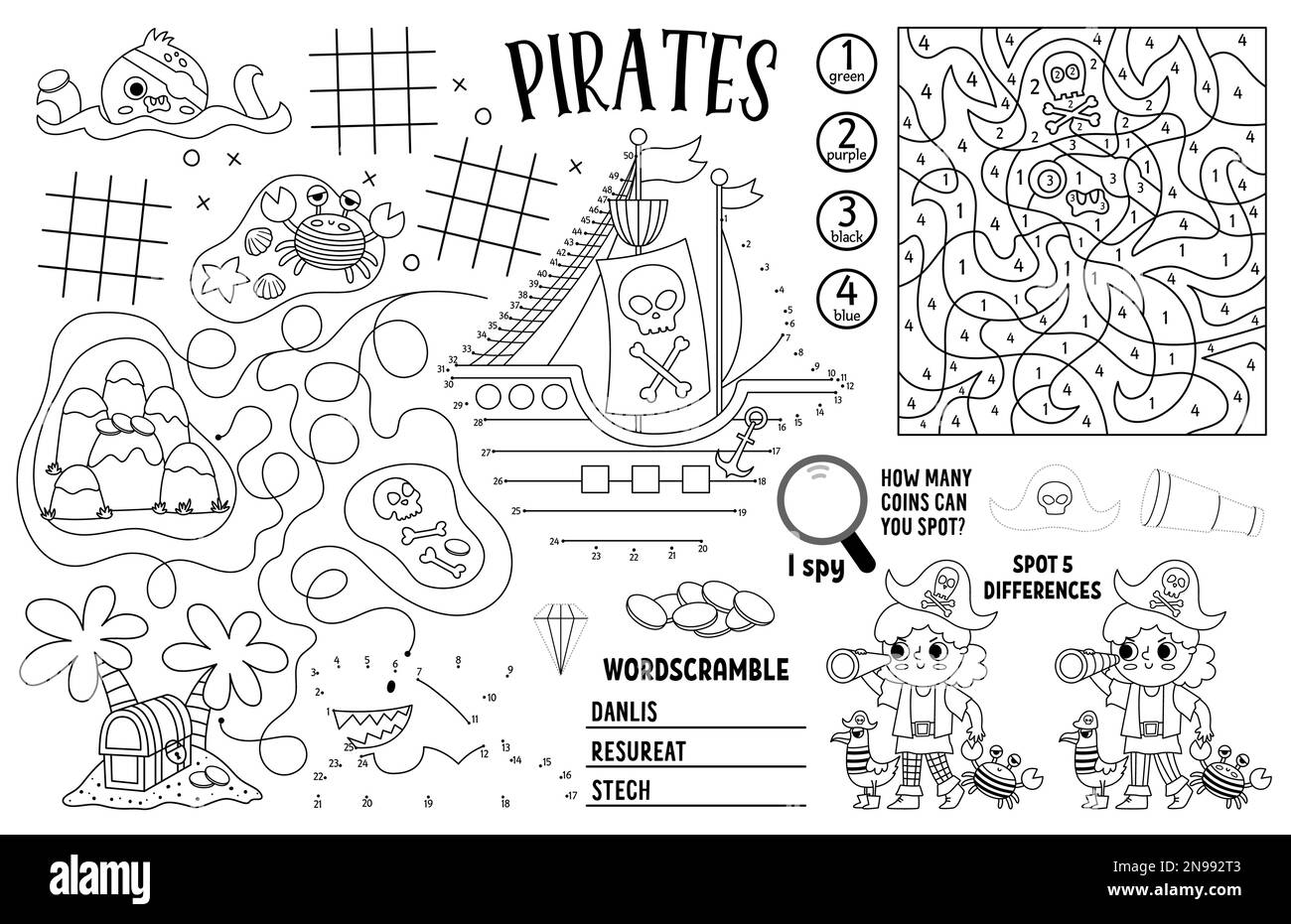 Vector pirate placemat for kids. Treasure hunt printable activity mat ...