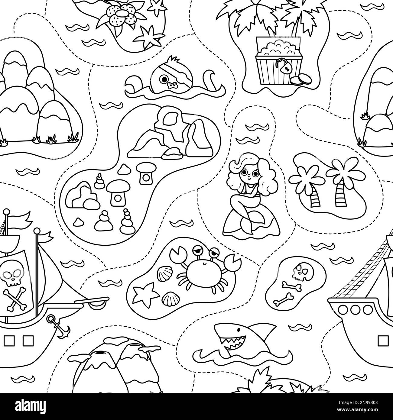 Vector black and white treasure island seamless pattern with pirate ...
