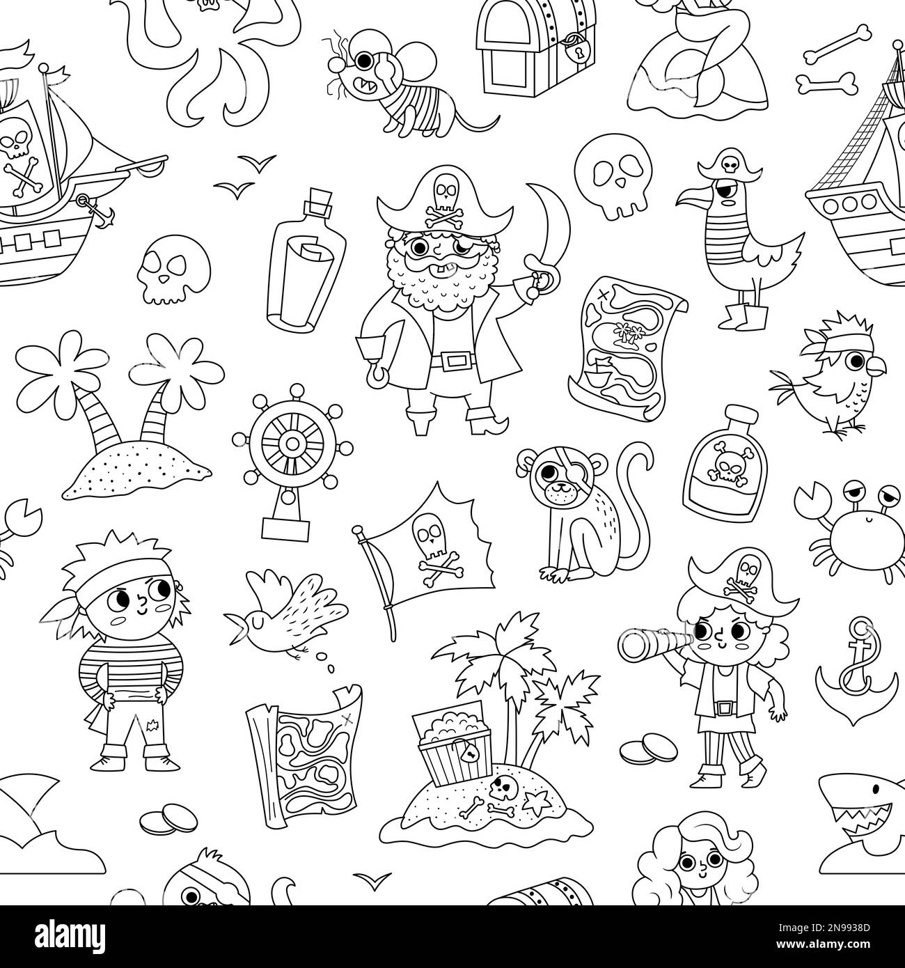 Vector black and white pirate seamless pattern. Cute line sea ...
