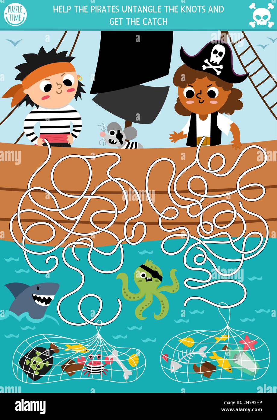 Pirate maze for kids with ship, sea and kid sailors. Treasure hunt ...