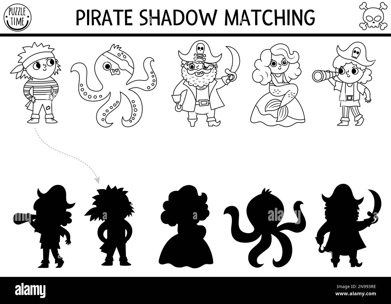 Pirate black and white shadow matching activity. Treasure island hunt ...