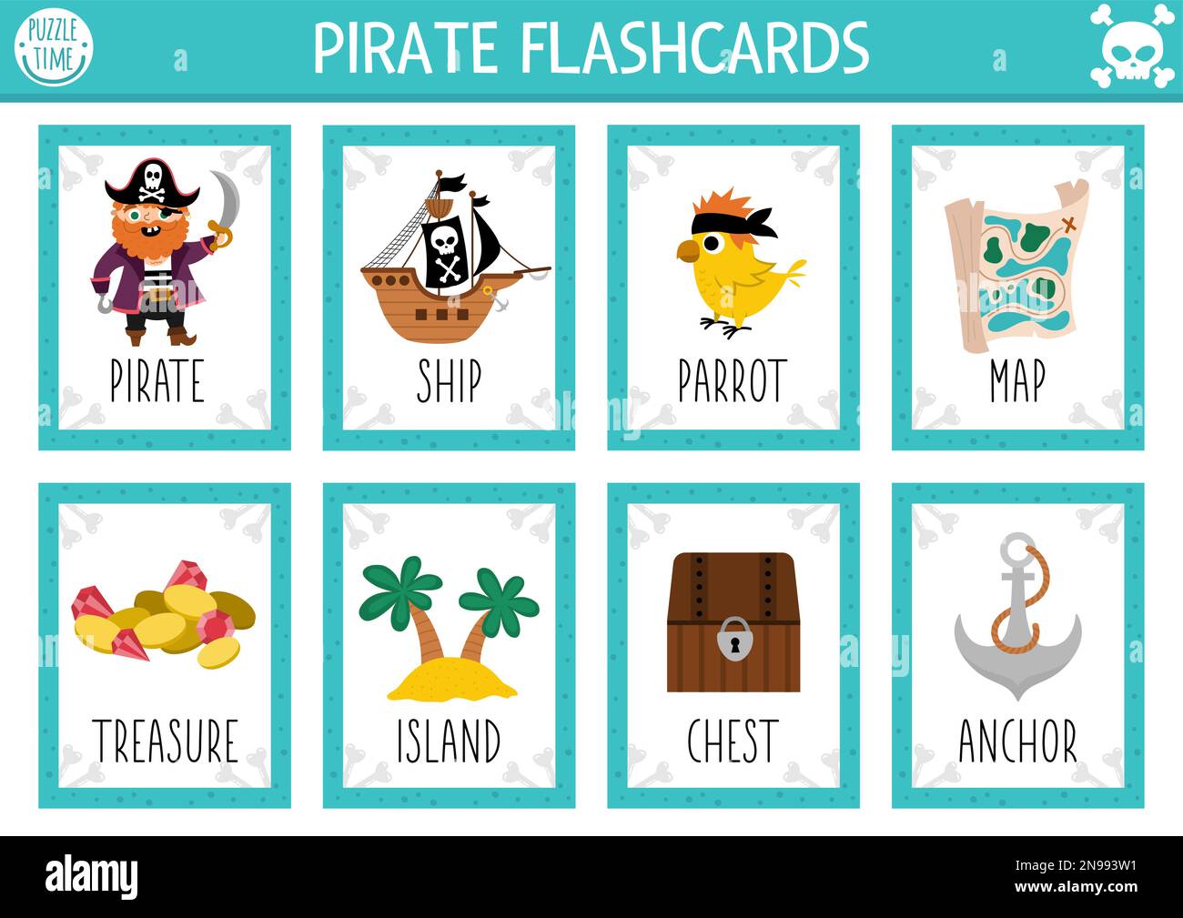 Vector pirate flash cards set. English language game with cute ship ...
