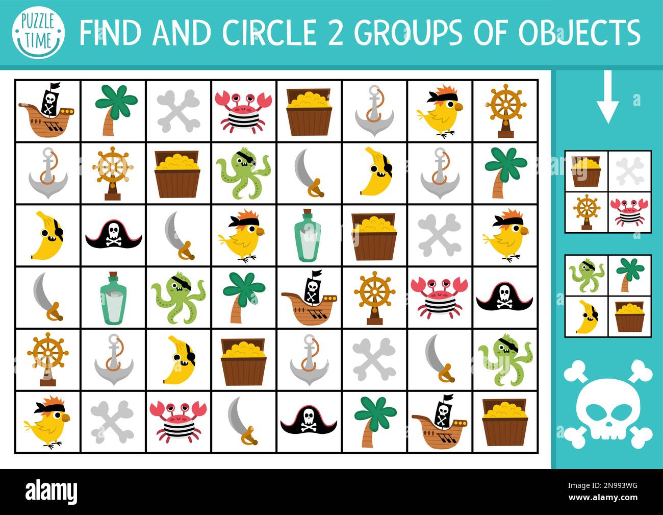 Pirate seek and find game with traditional symbols. Attention skills ...