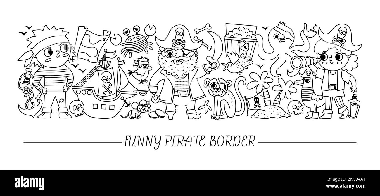 Vector black and white horizontal border set with cute pirates and ...