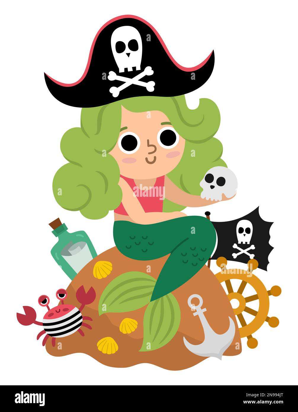 Fairy tale vector pirate mermaid with green hair sitting on a rock ...