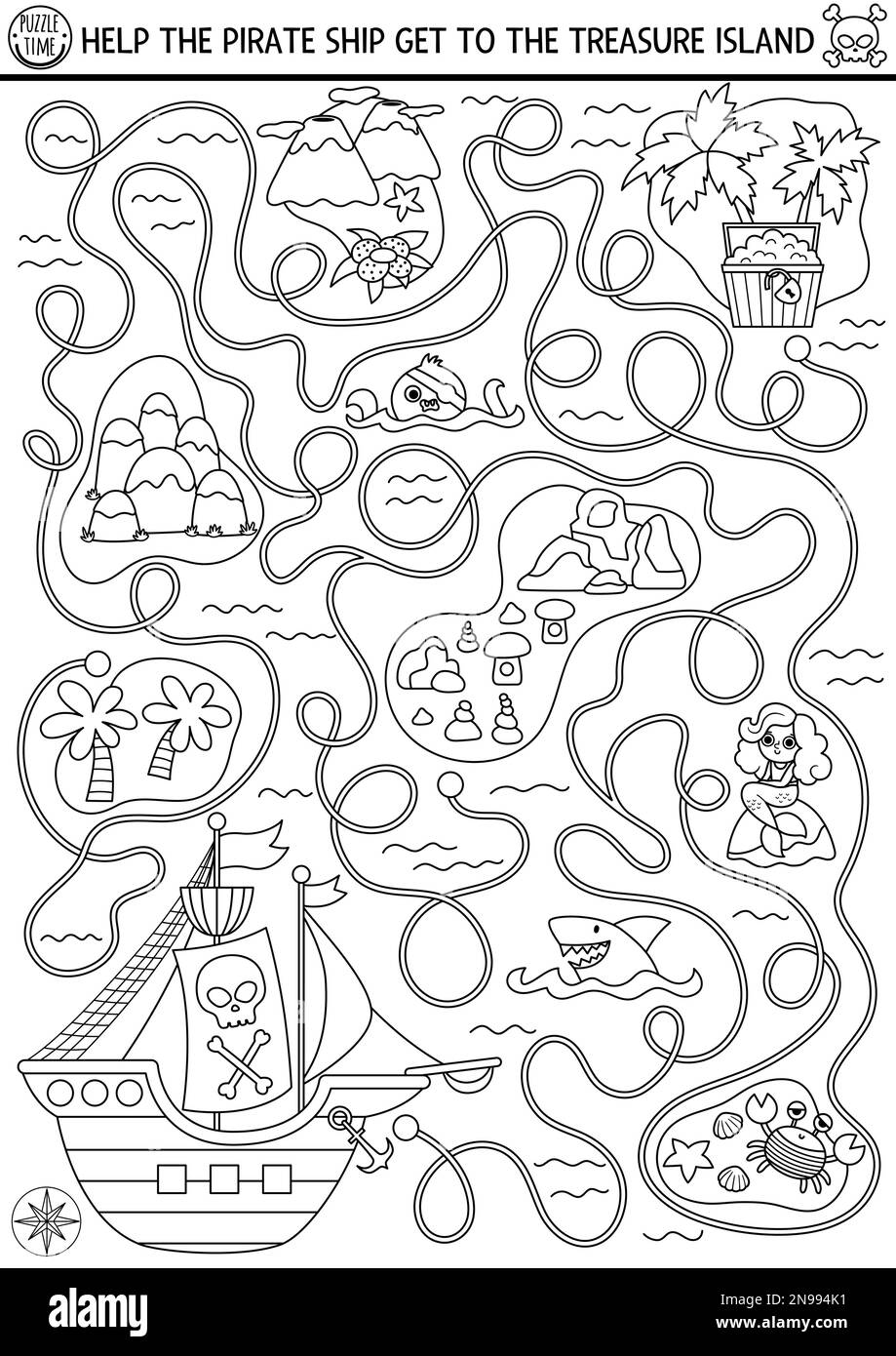 Pirate black and white maze for kids with marine landscape, ship, isles ...