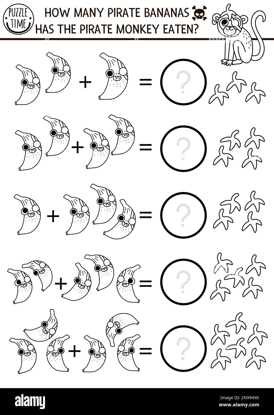 Black and white how many pirate bananas game. Line tropical fruit math ...