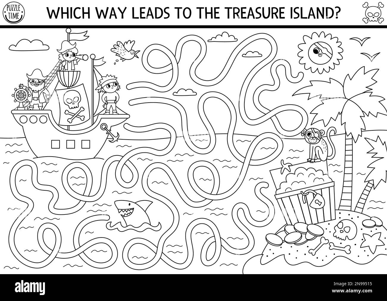 Pirate black and white maze for kids with marine landscape, ship ...