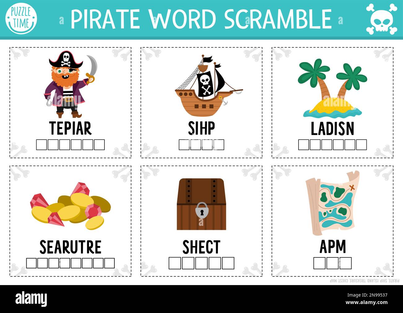 Vector pirate word scramble activity page. English language game with ...