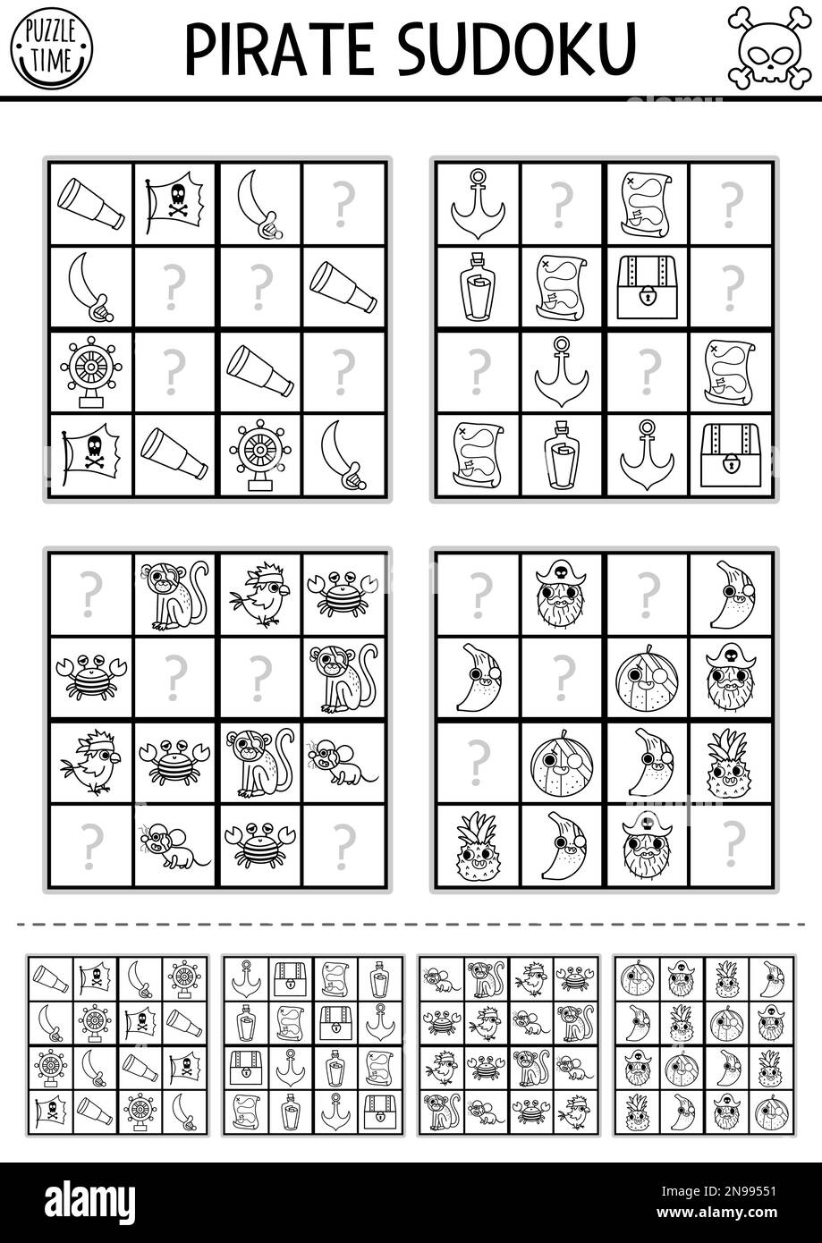 Black and white vector pirate sudoku puzzle for kids with pictures ...