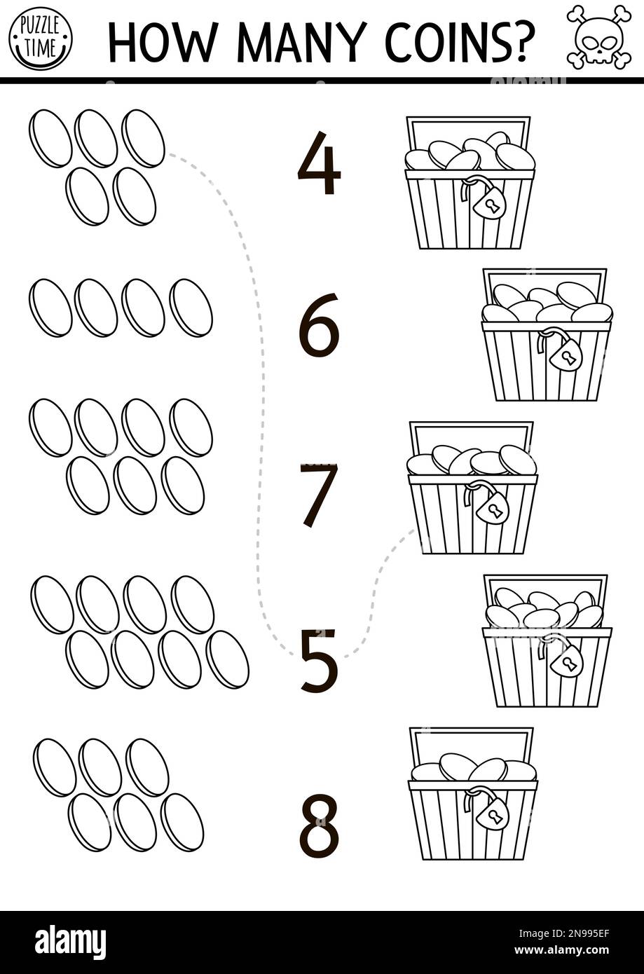 Black and white match the numbers pirate game with treasure chest and ...