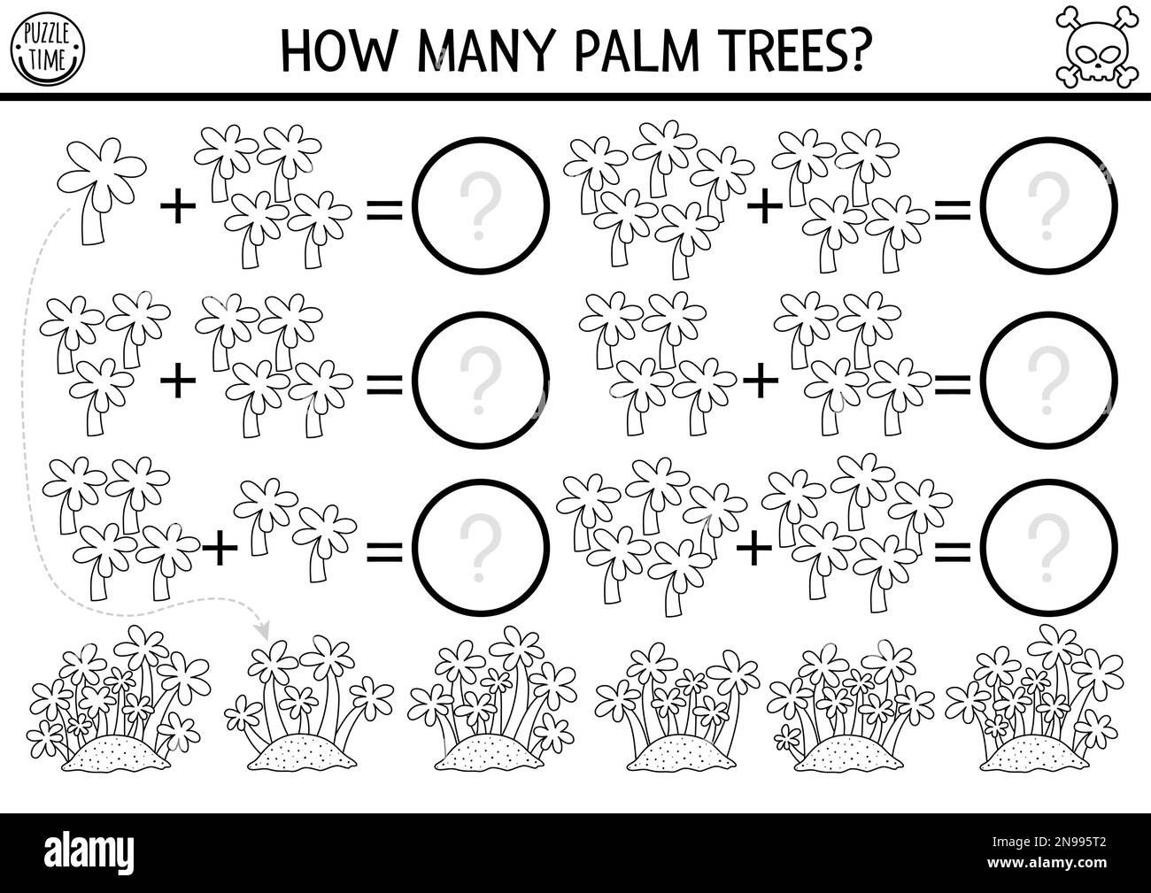 Black and white how many palm trees game. Tropical island line math ...
