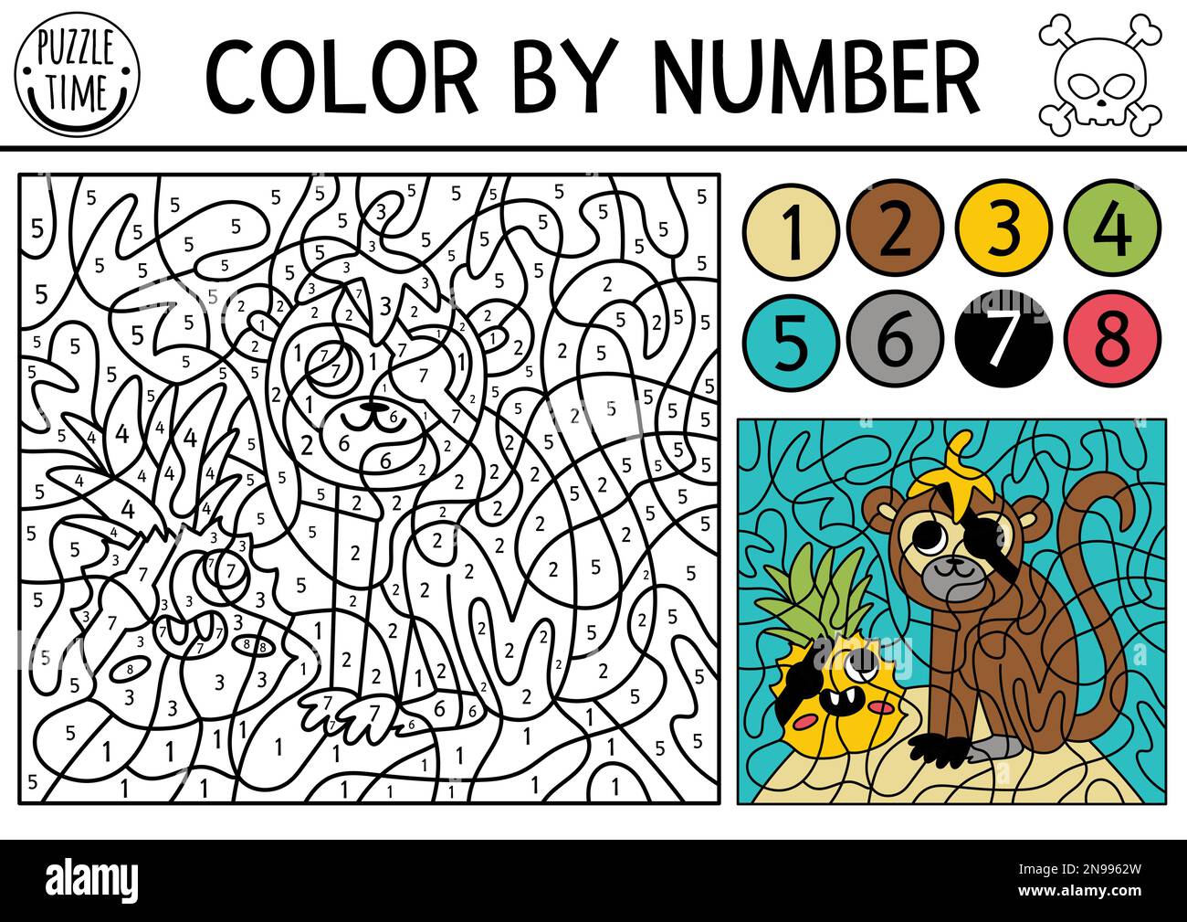 Vector pirate color by number activity with monkey and kawaii pineapple ...