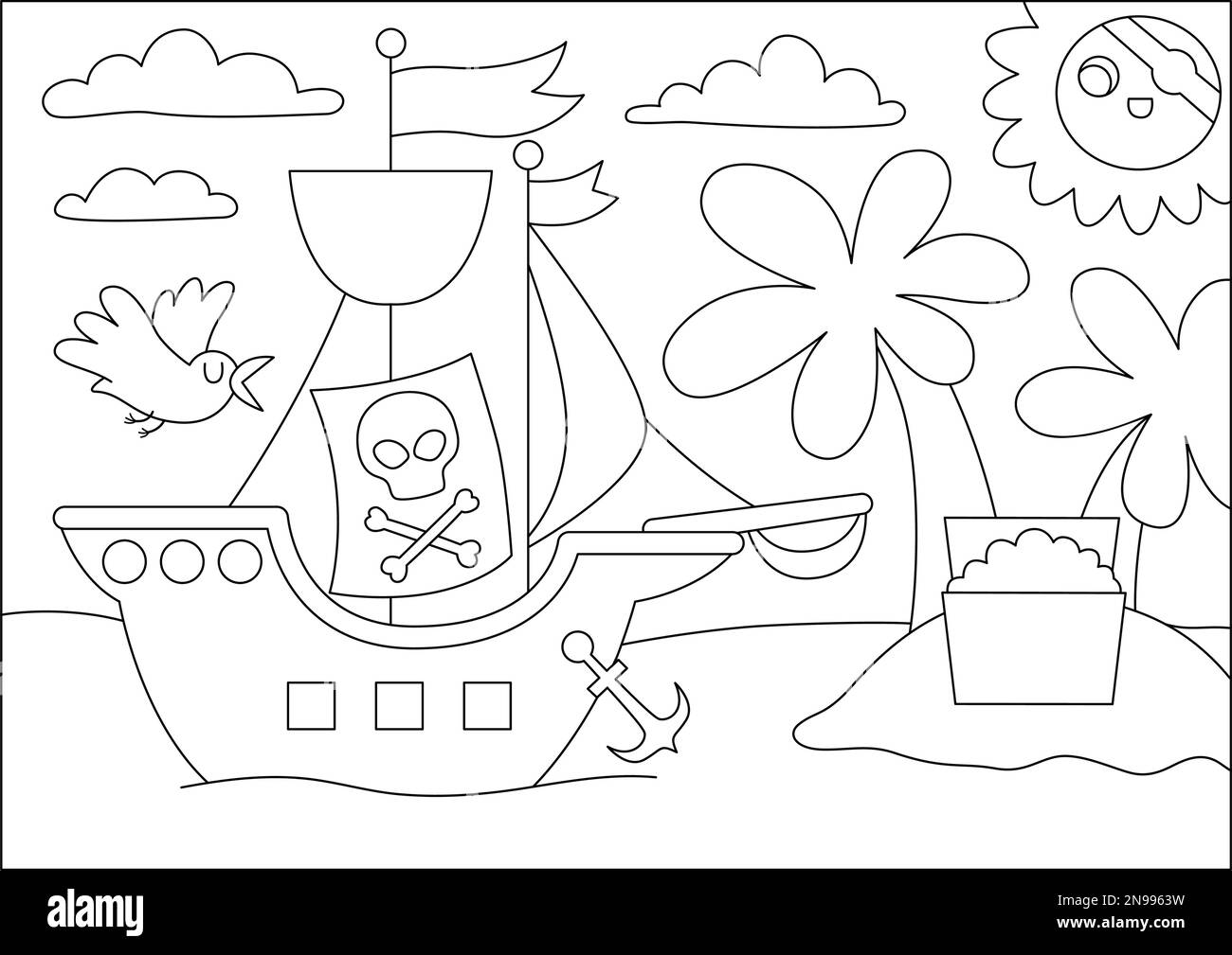 Vector black and white pirate ship scene. Line raider vessel sailing to ...