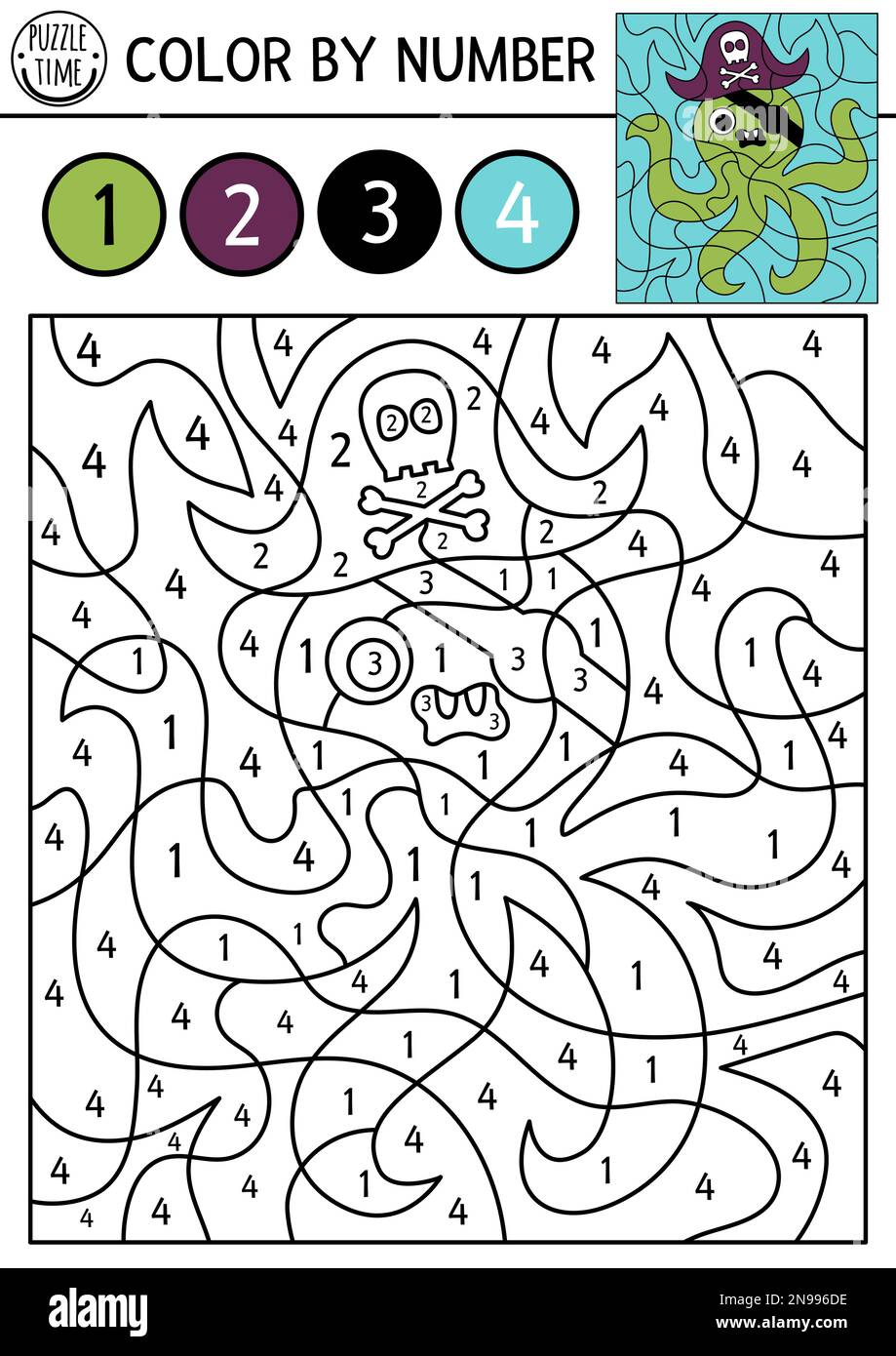 Vector pirate color by number activity with octopus in pirate hat and ...
