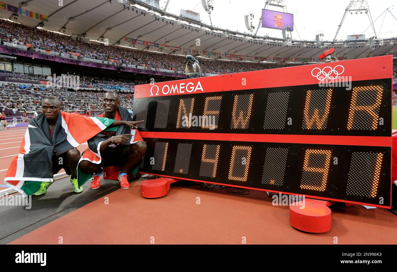 Kenya's David Lekuta Rudisha, right, and Kenya's Timothy Kitum pose ...