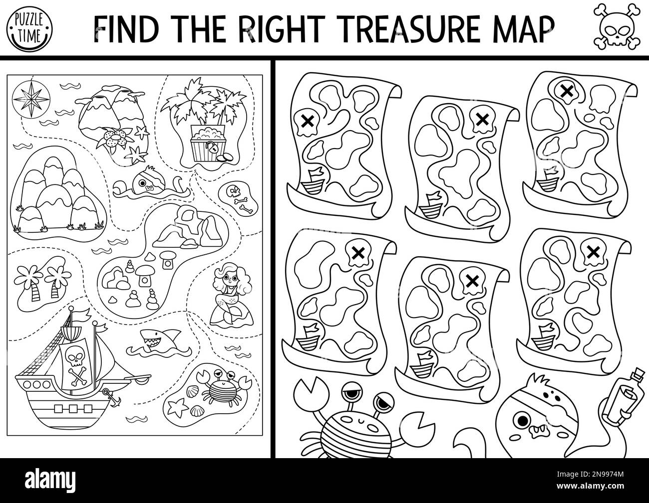 Find the right treasure map. Black and white treasure island matching ...