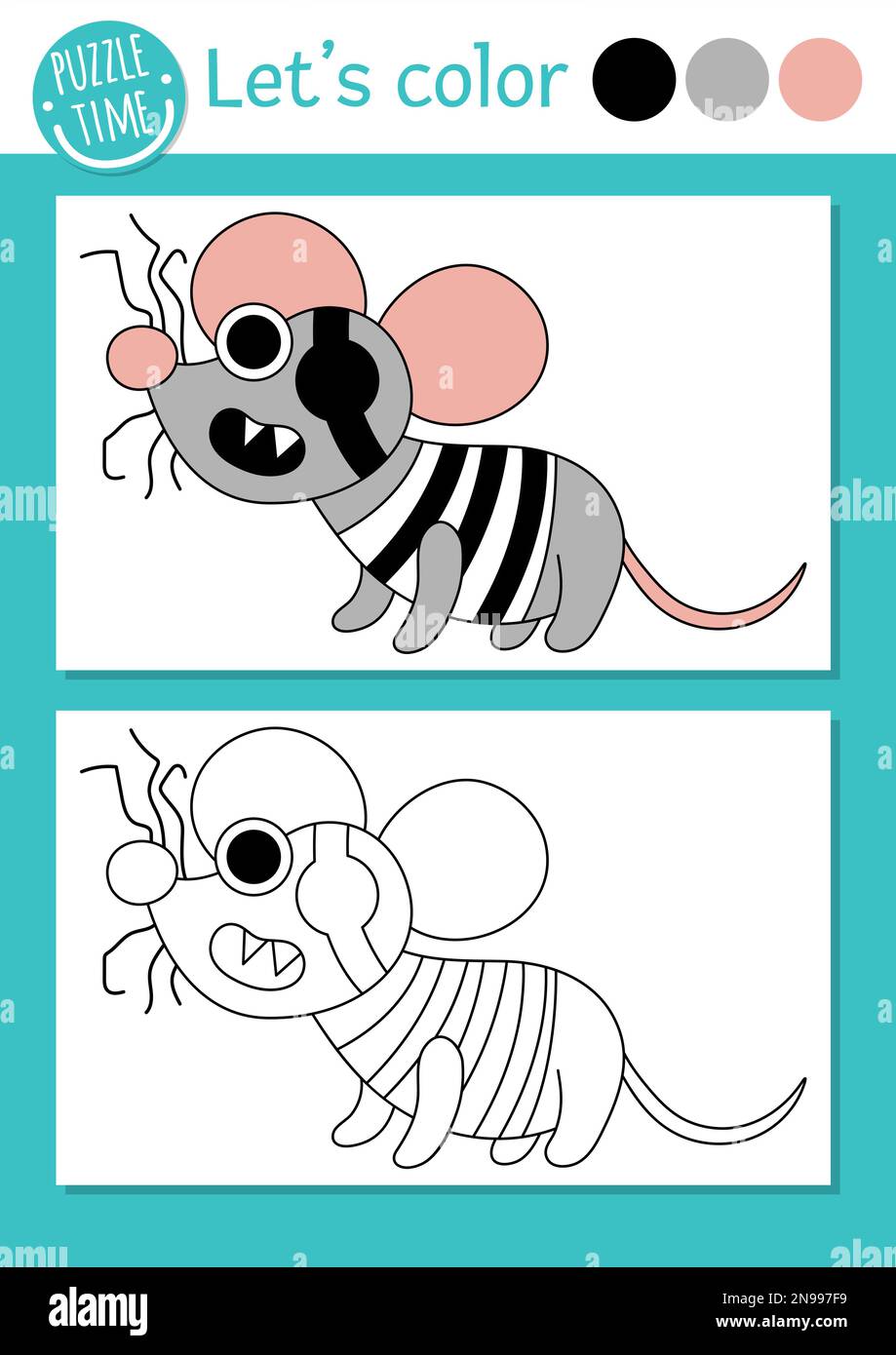 Pirate coloring page for children with cute rat. Vector treasure island ...