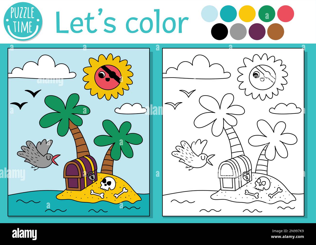 Pirate coloring page for children with palm trees, treasure chest ...