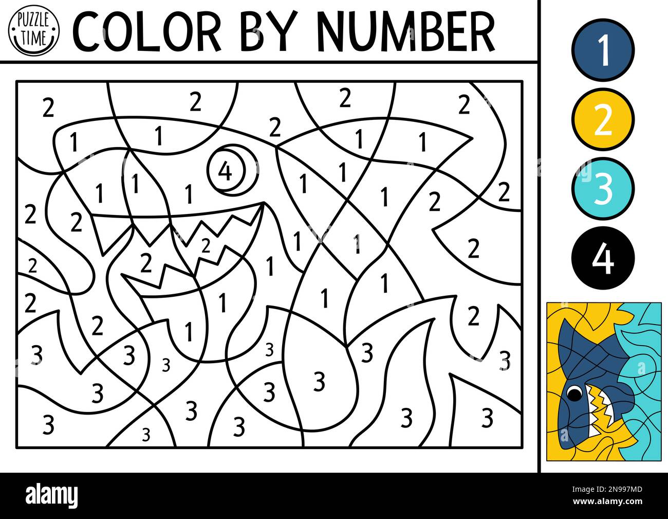 Vector pirate color by number activity with toothy shark. Treasure ...