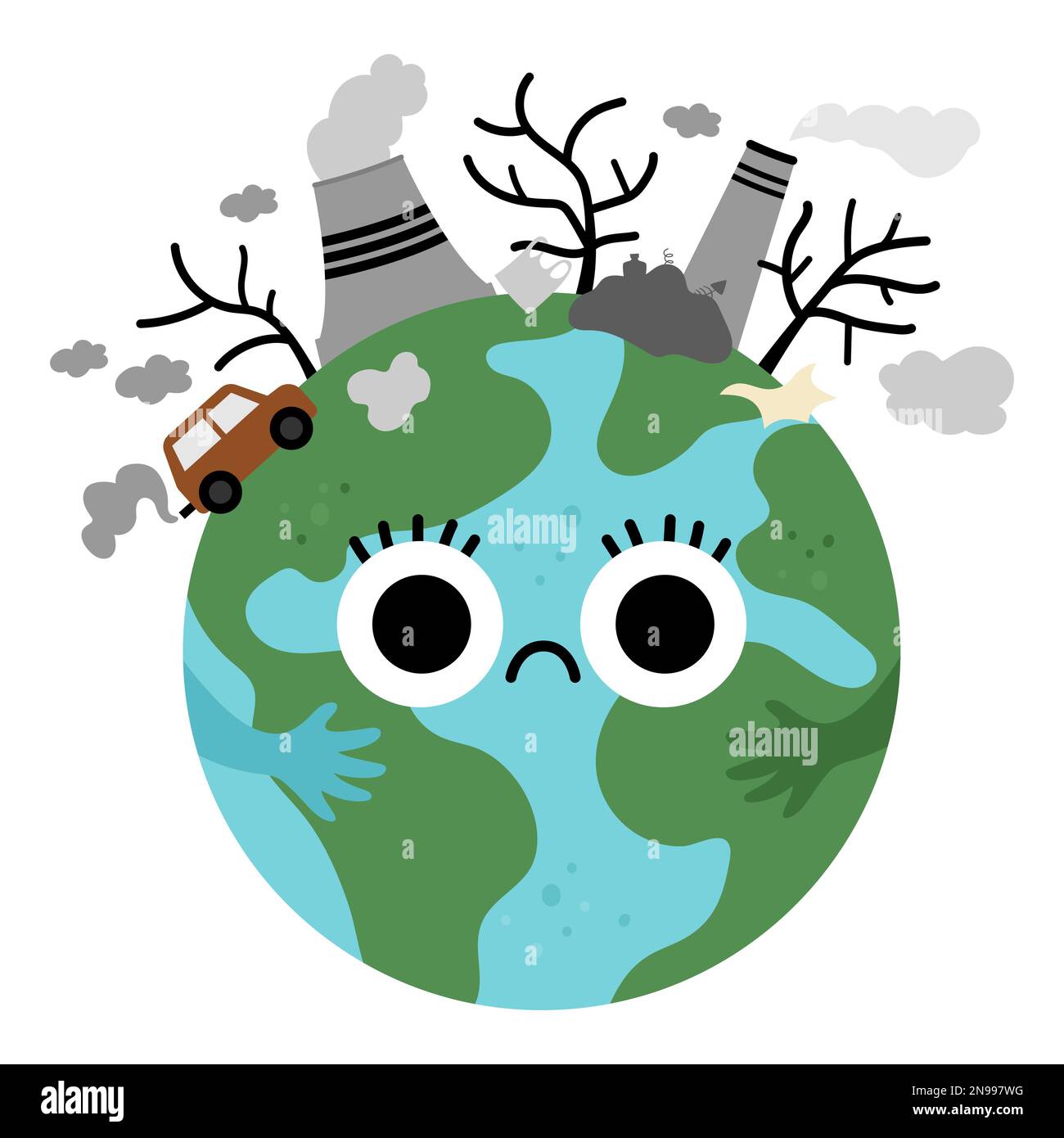 Vector earth for kids. Earth day illustration with sad kawaii polluted ...