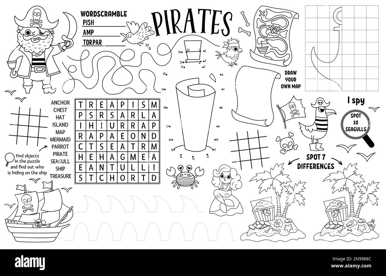 Vector pirate placemat for kids. Treasure hunt printable activity mat ...
