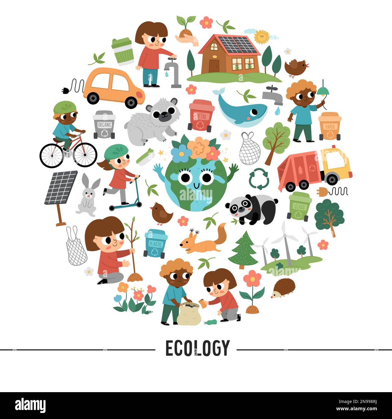 Vector ecological round frame with cute children caring of nature ...