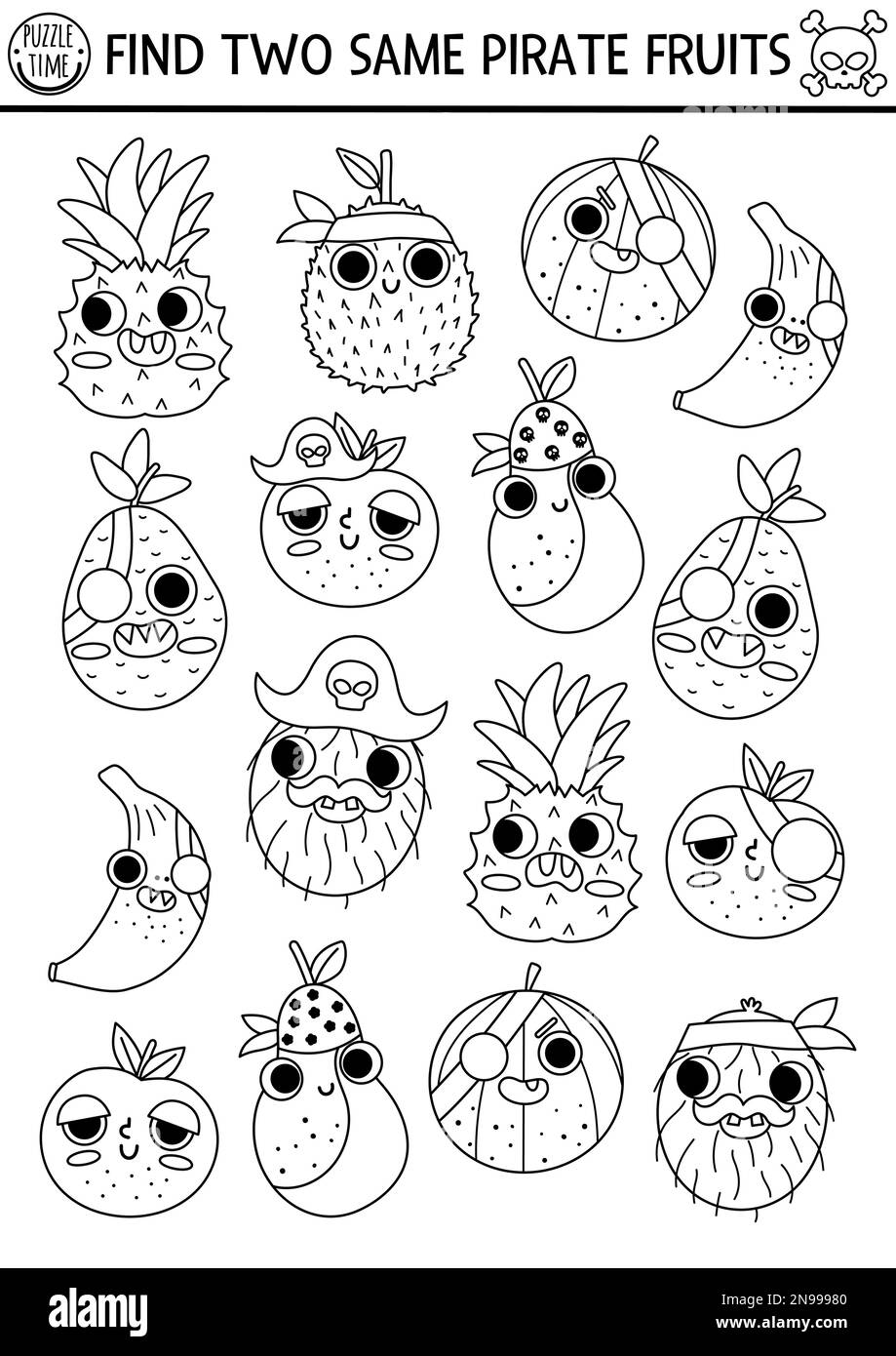 Black and white find two same pirate fruits. Treasure island line ...