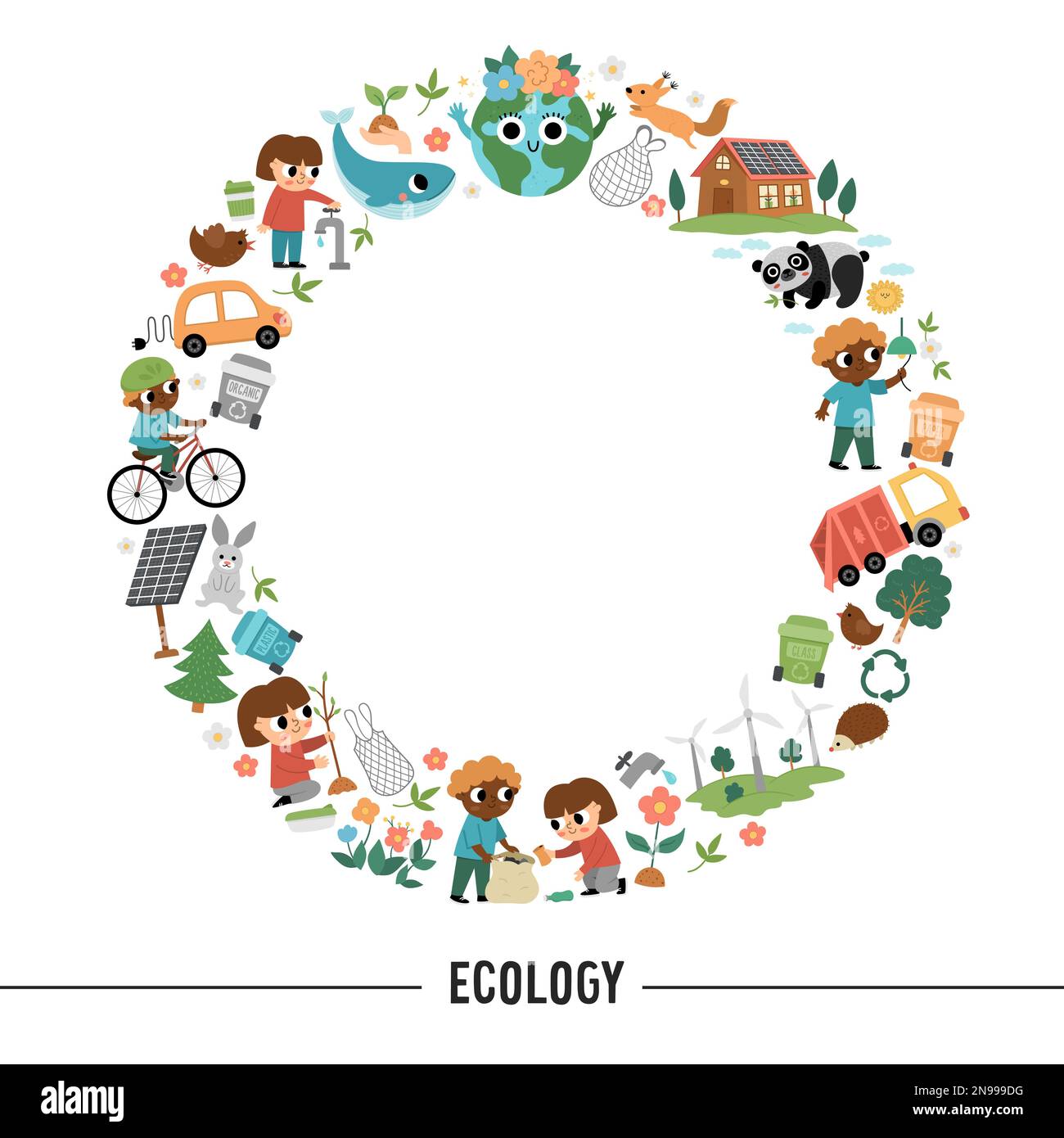 Vector ecological round frame with cute children caring of nature ...