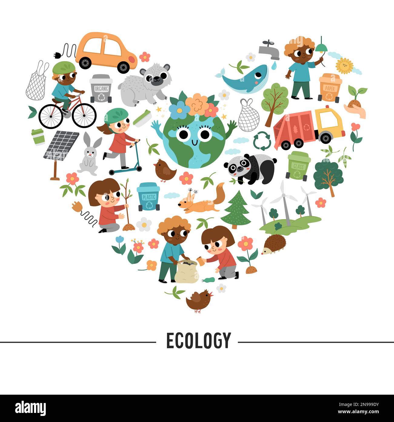 Vector ecological heart shaped frame with cute children caring of ...
