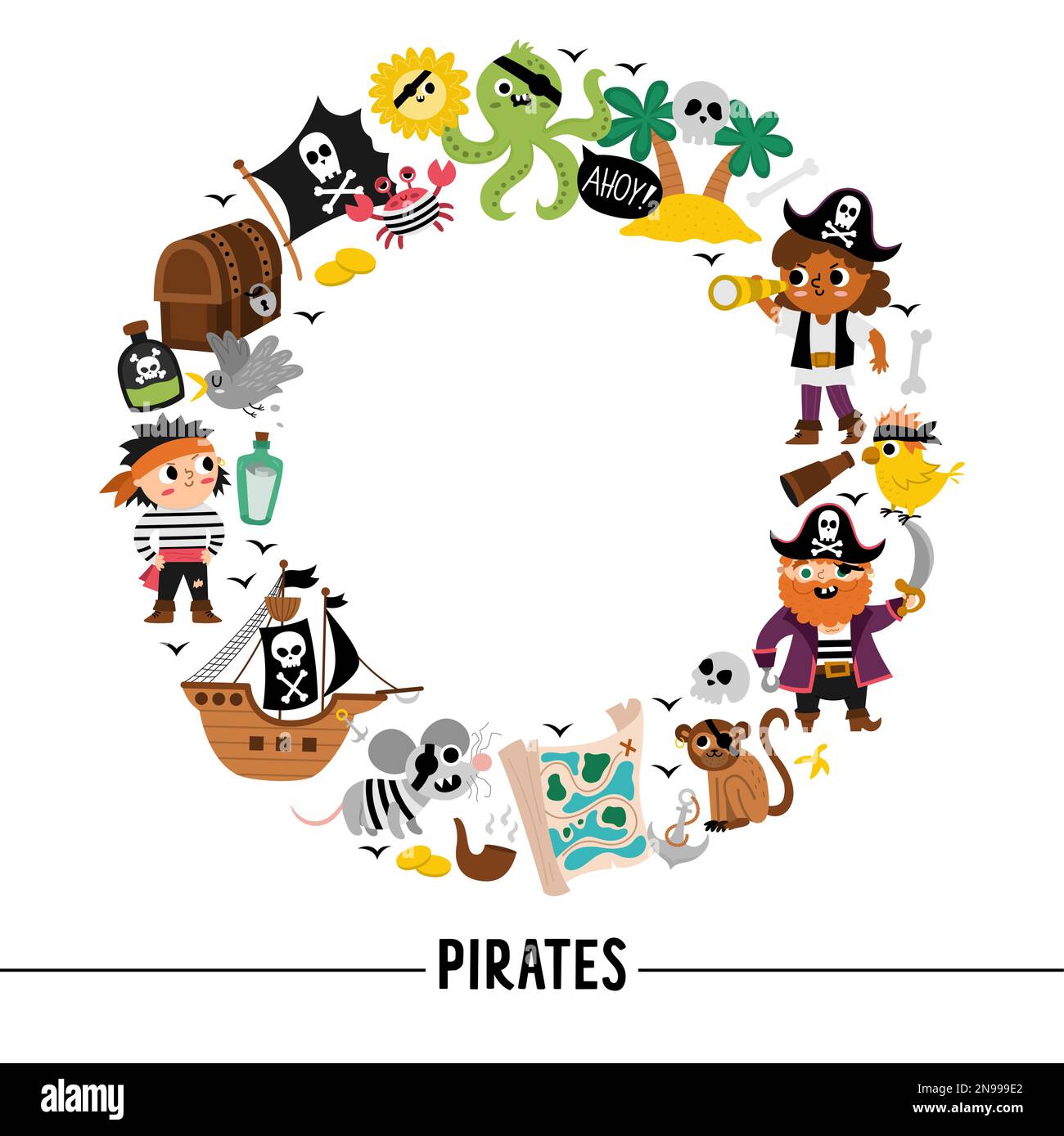 Vector pirate round frame with pirates, ship and animals. Treasure ...