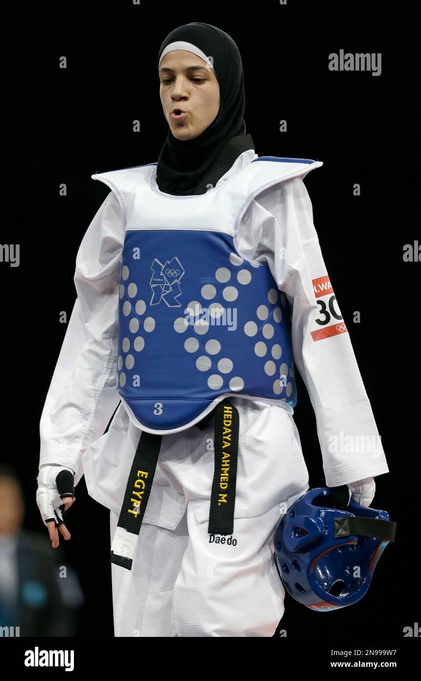 Egypt's Hedaya Wahba walks off the mat after her fight against New ...
