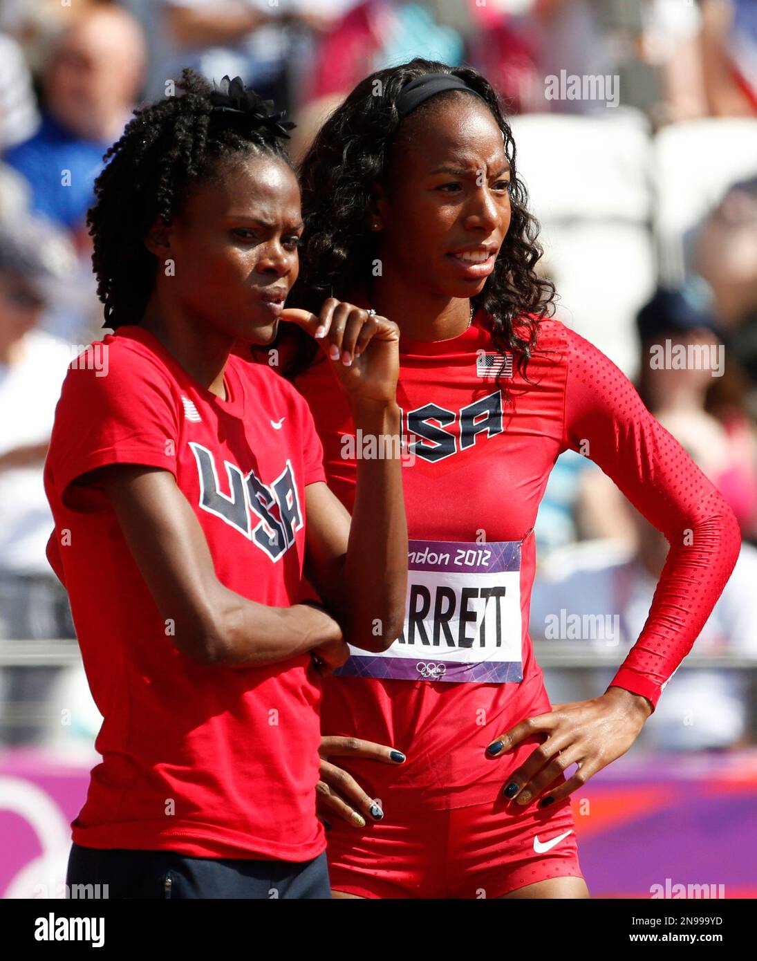 United States' Brigetta Barrett, right, and United States' Chaunte Lowe ...