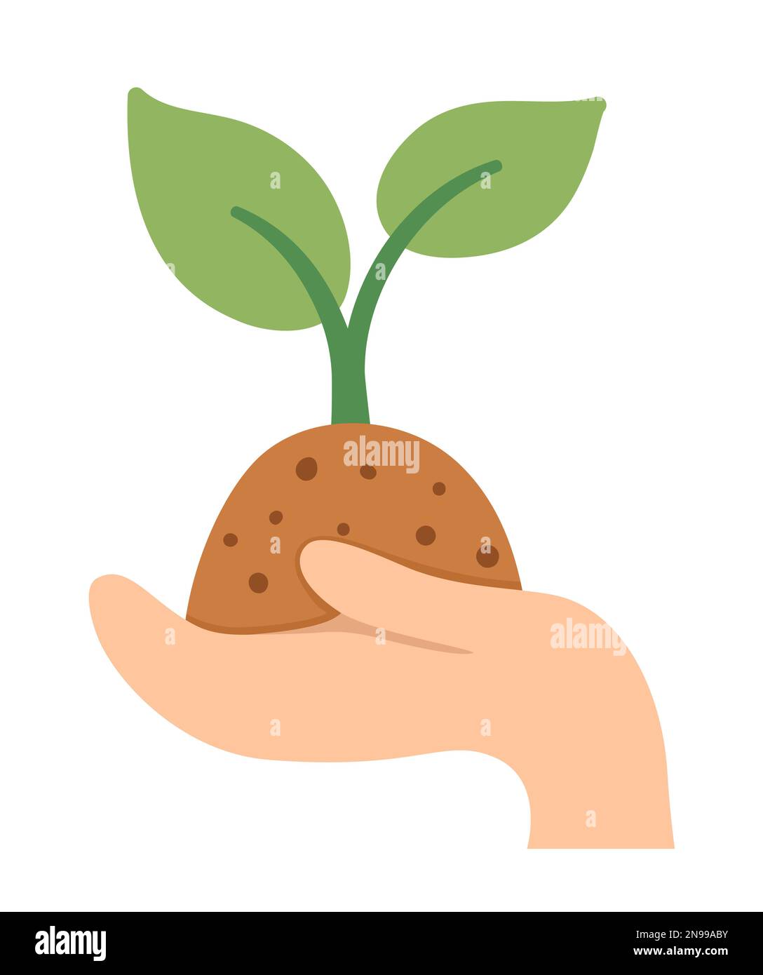 Vector hand holding growing baby plant. Ecological planting a seed or ...