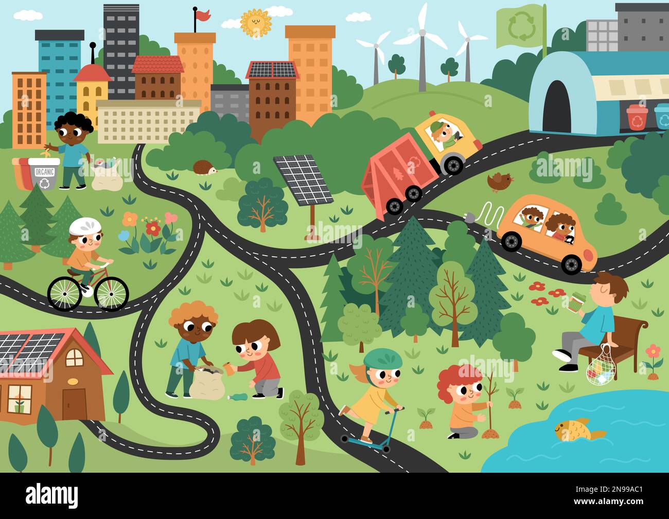 Vector eco city scene. Ecological town landscape with alternative ...