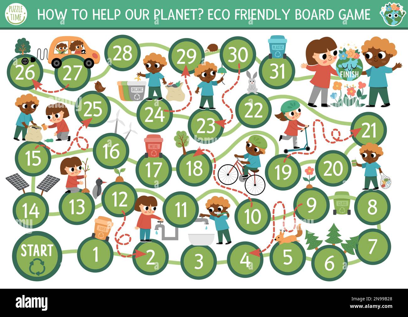 Ecological dice board game for children with kids caring of environment. Earth day boardgame ...