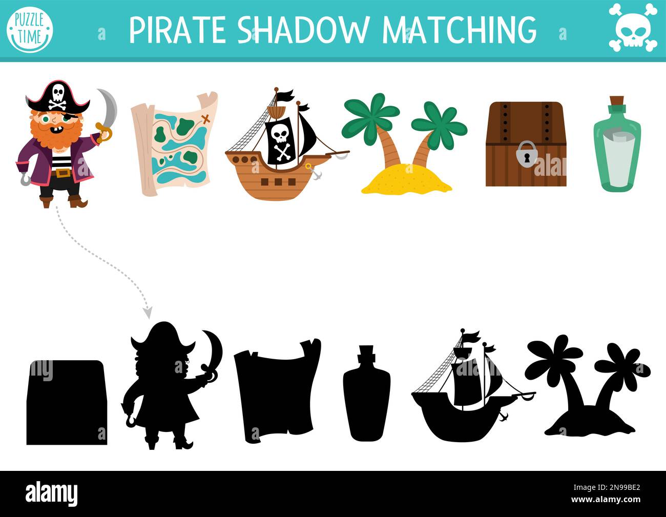 Pirate shadow matching activity. Treasure island hunt puzzle with cute ...