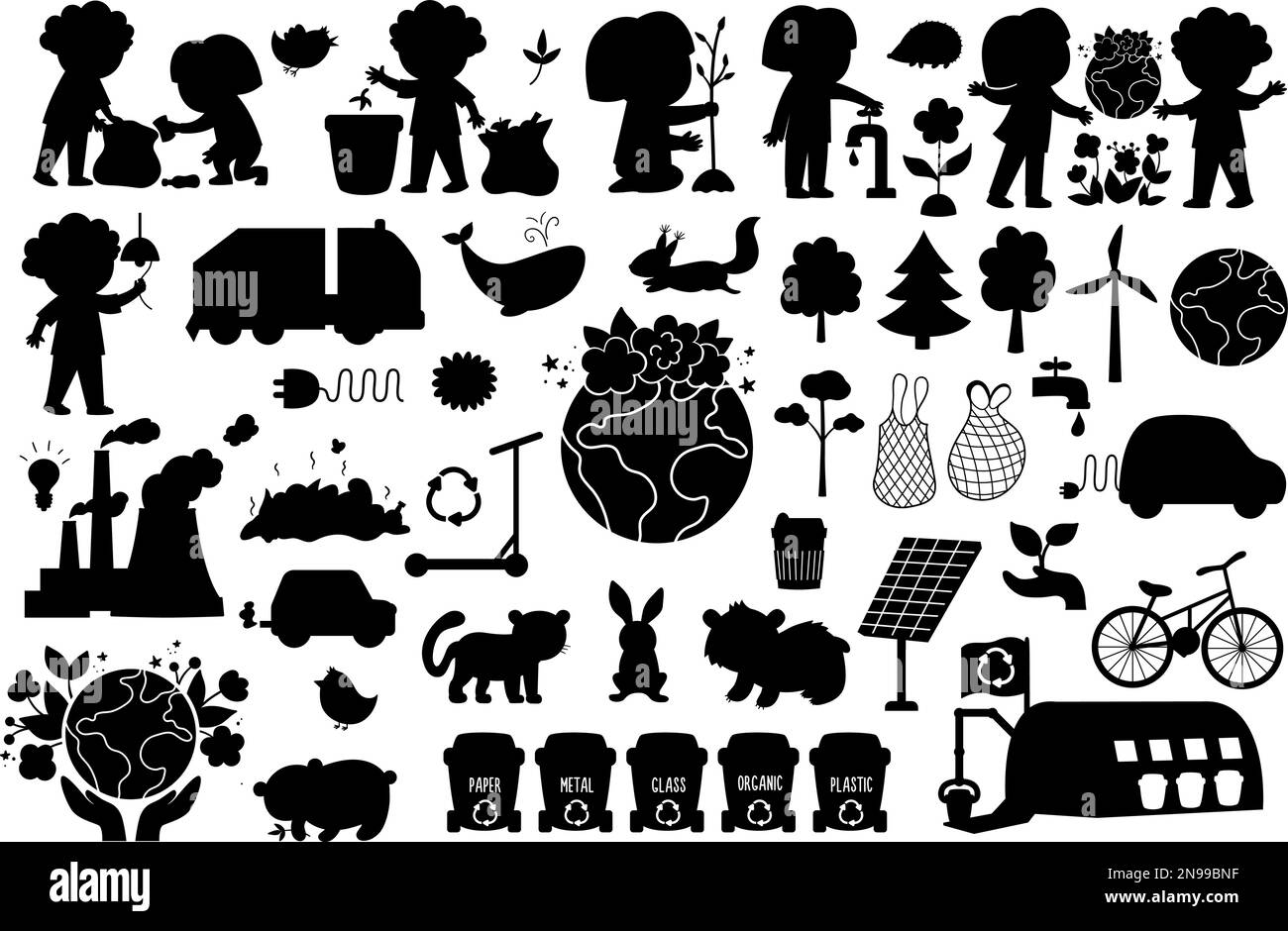 Vector ecological silhouettes set for kids. Earth day shadow drawing ...