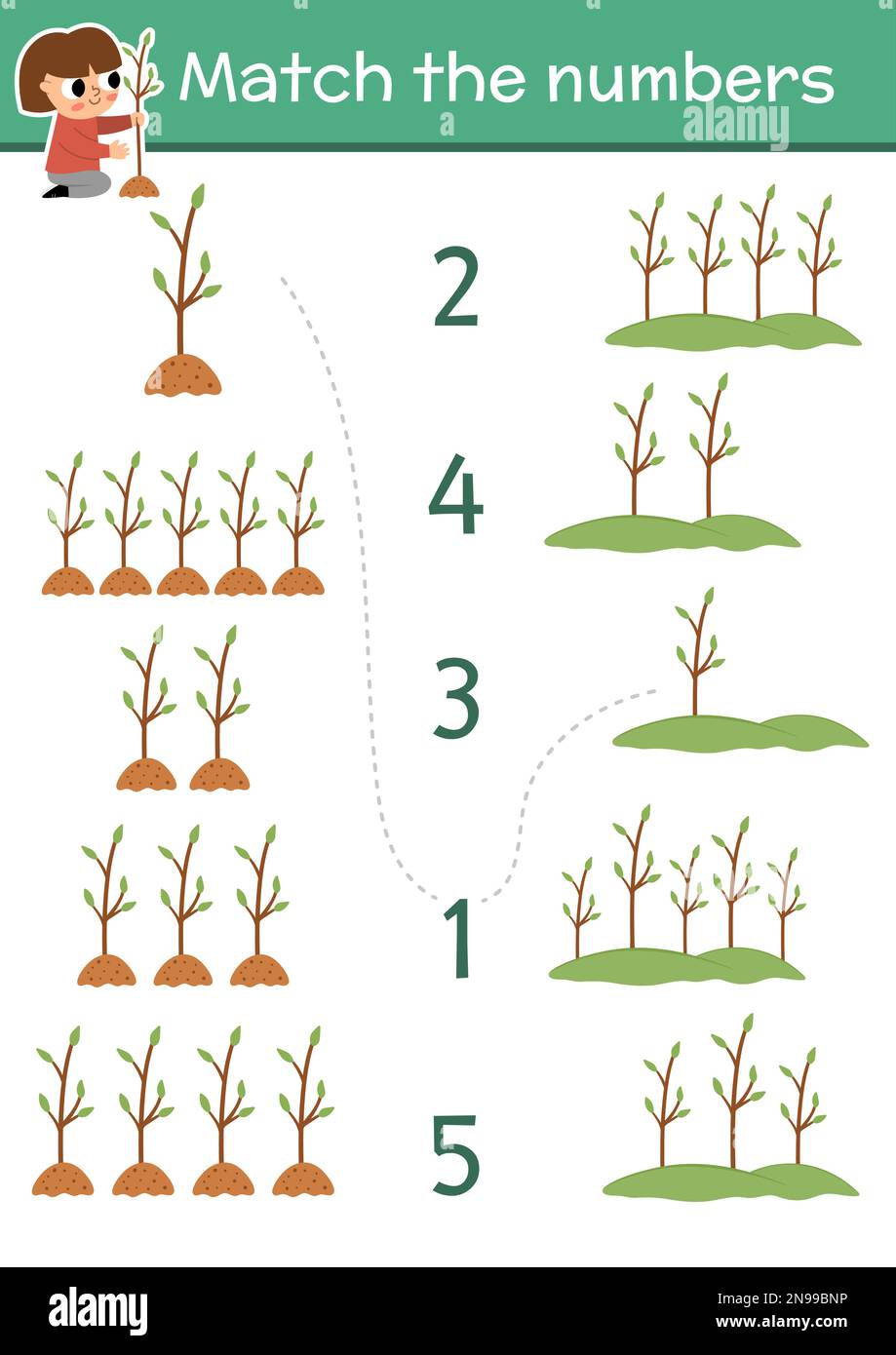 Match the numbers ecological game with girl planting trees. Earth day ...