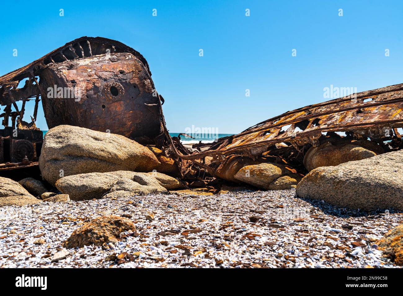 The wreck of the Aristea lies on the rocks on the Atlantic Ocean coast ...