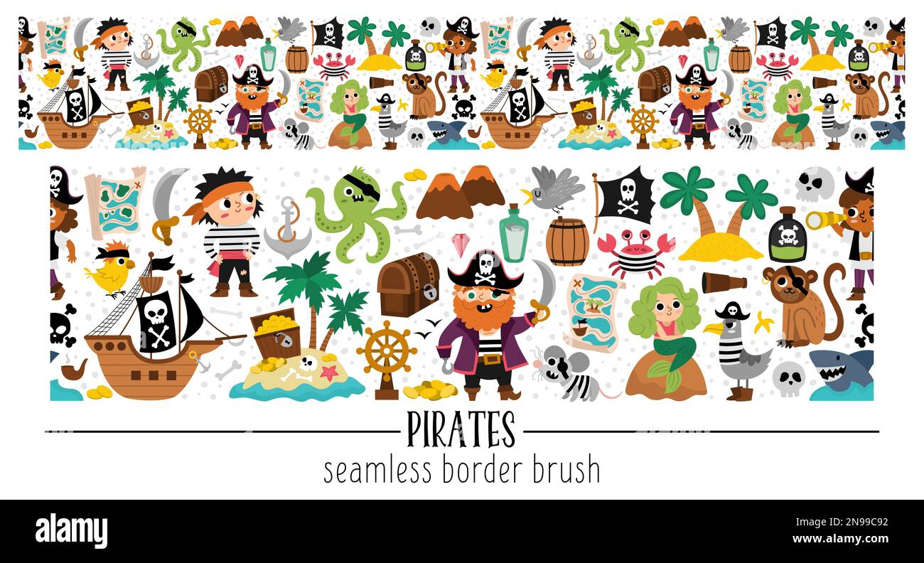 Vector pirate horizontal seamless border brush with sailors and animals ...