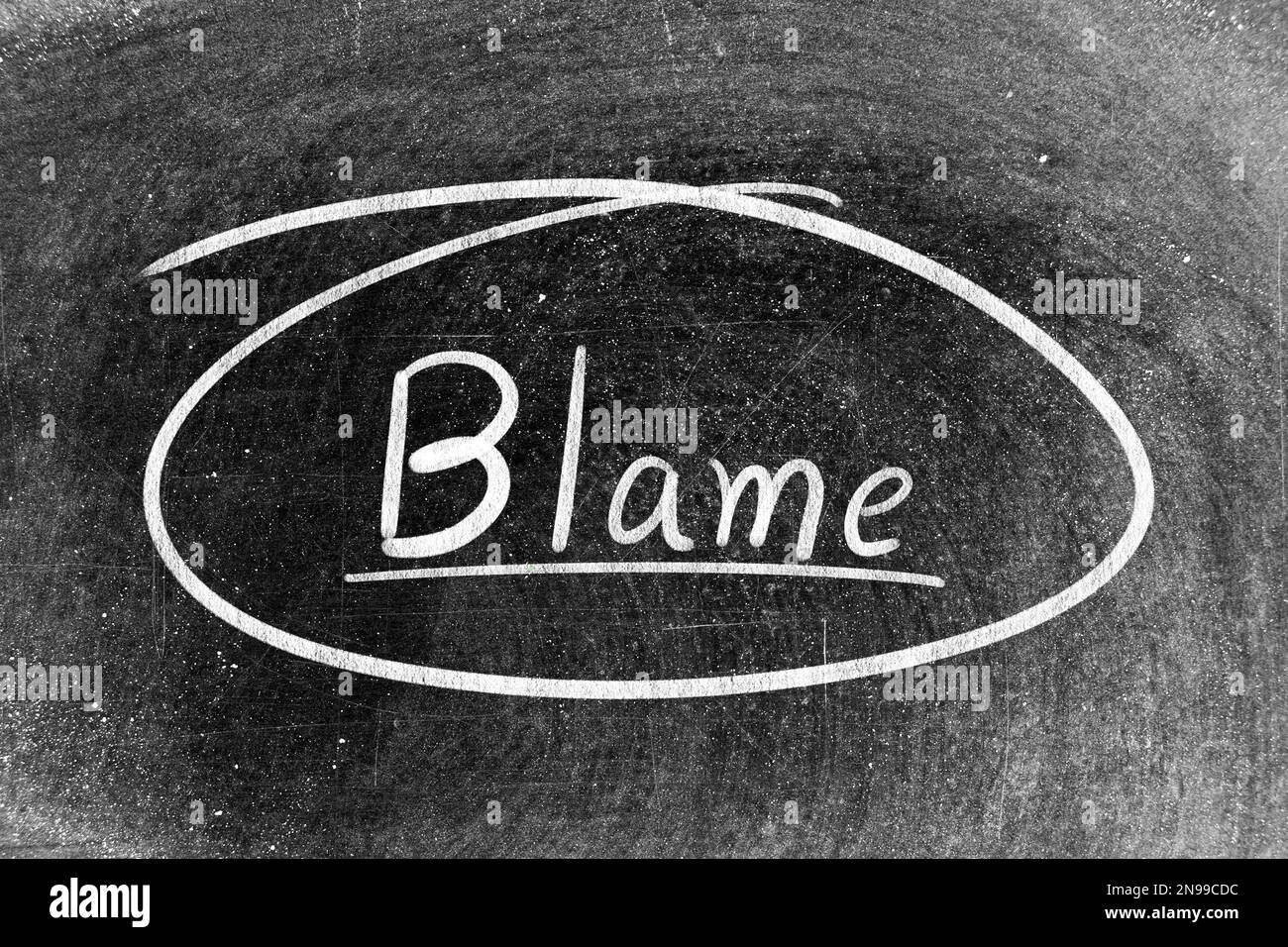 White chalk hand writing in word blame and circle shape on blackboard ...