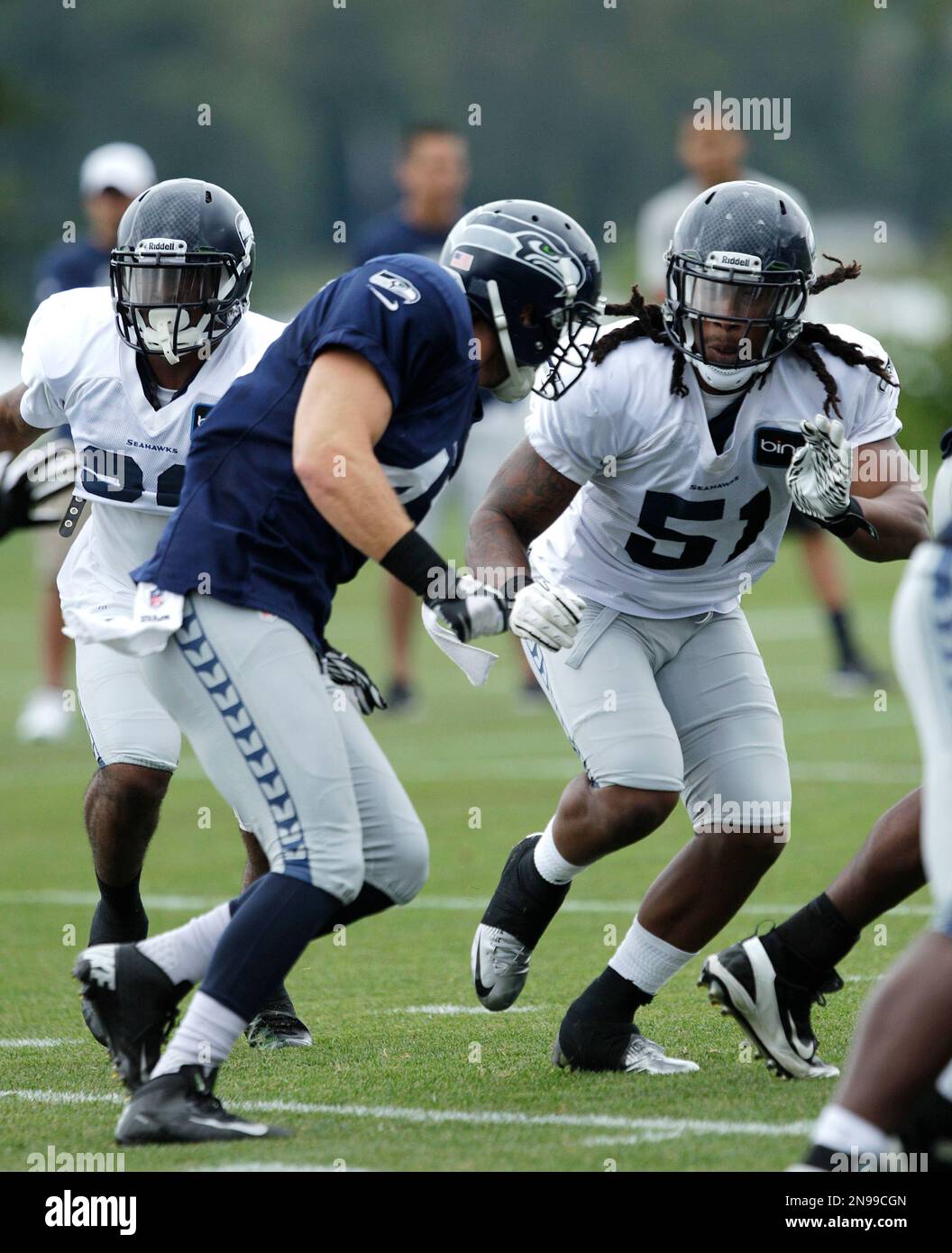 Seattle Seahawks' Bruce Irvin (51) prepares to block Kyle Knox, center ...