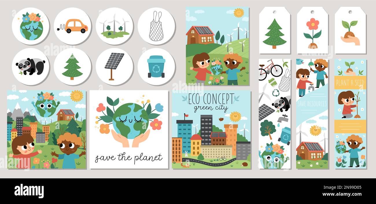 Ecological cards set with cute children, planet, waste recycling ...